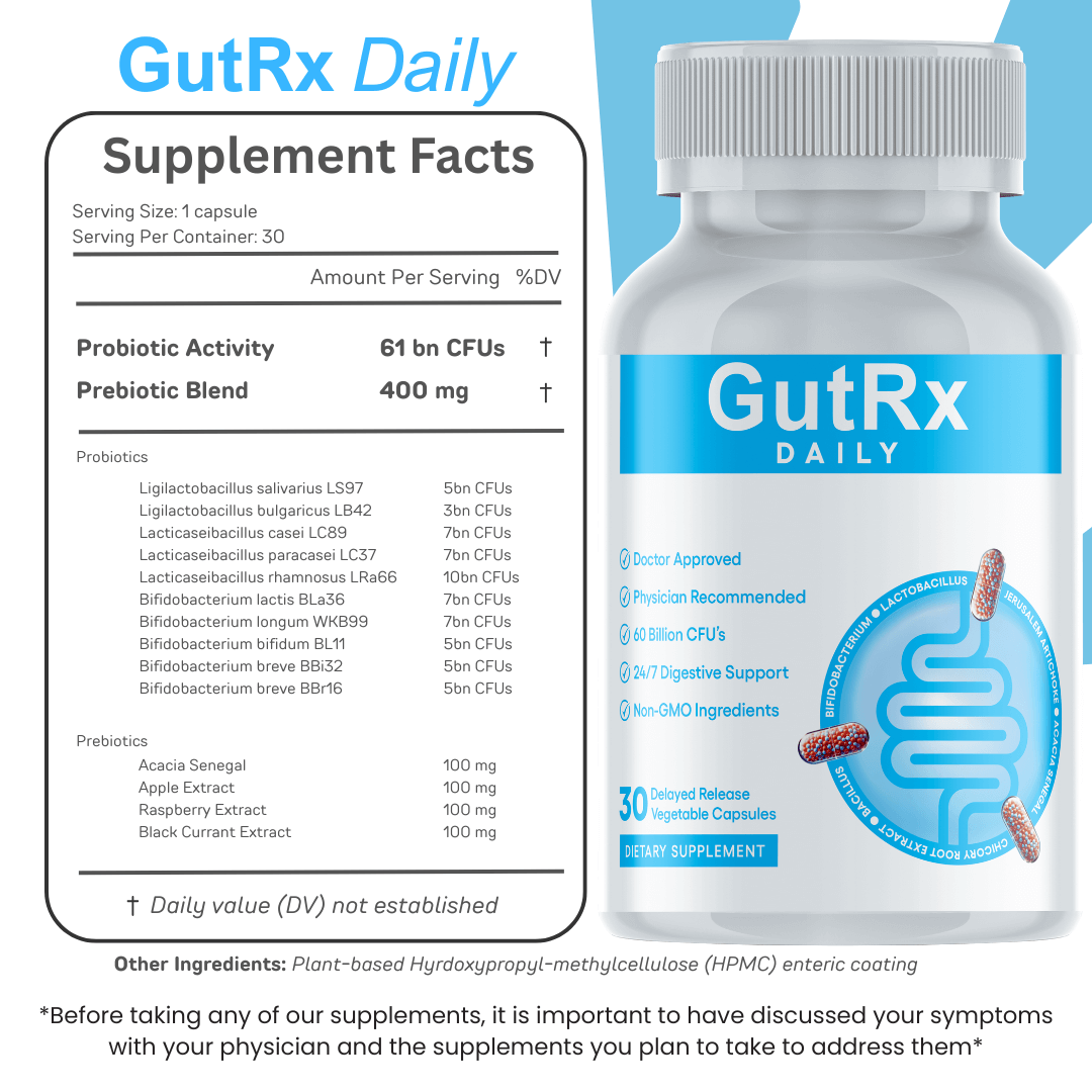 GutRx Daily Probiotic & Prebiotic for Gut Health – 62B CFU
